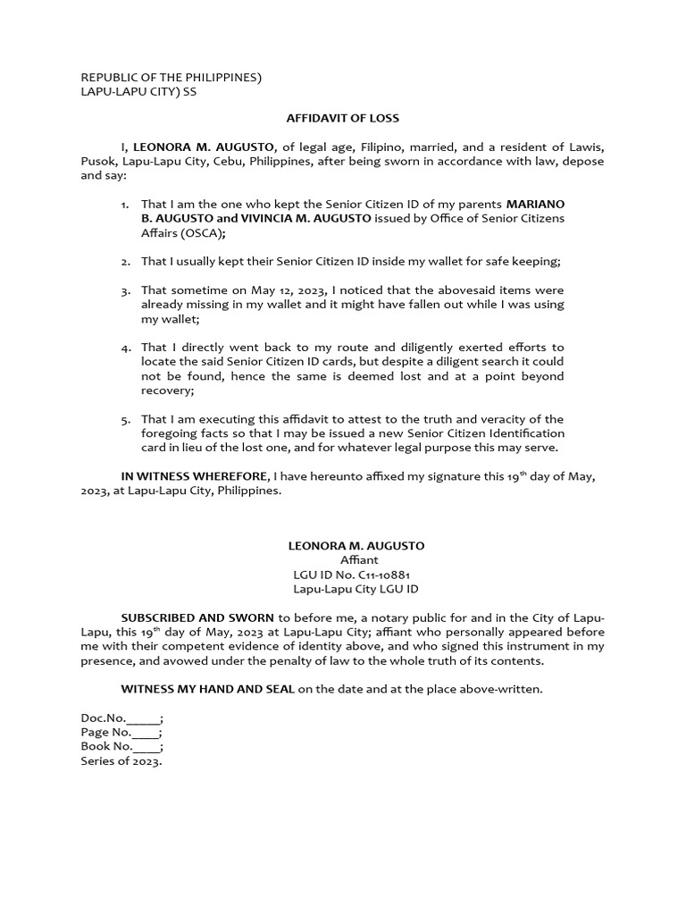 Affidavit of Loss SENIOR CALAWISAN | PDF