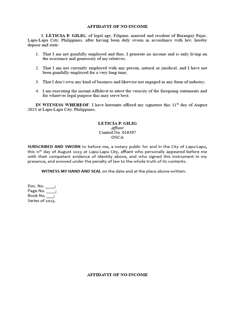 Affidavit of No Income 2 | PDF | Affidavit | Civil Law (Common Law)
