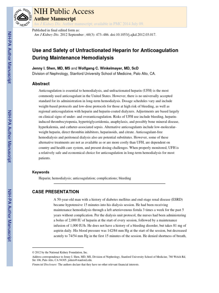 Use and Safety of Unfractionated Heparin For Anticoagulation During ...