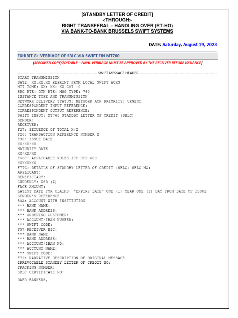 (G) Verbiage - SBLC MT760 | PDF | Letter Of Credit | Banks