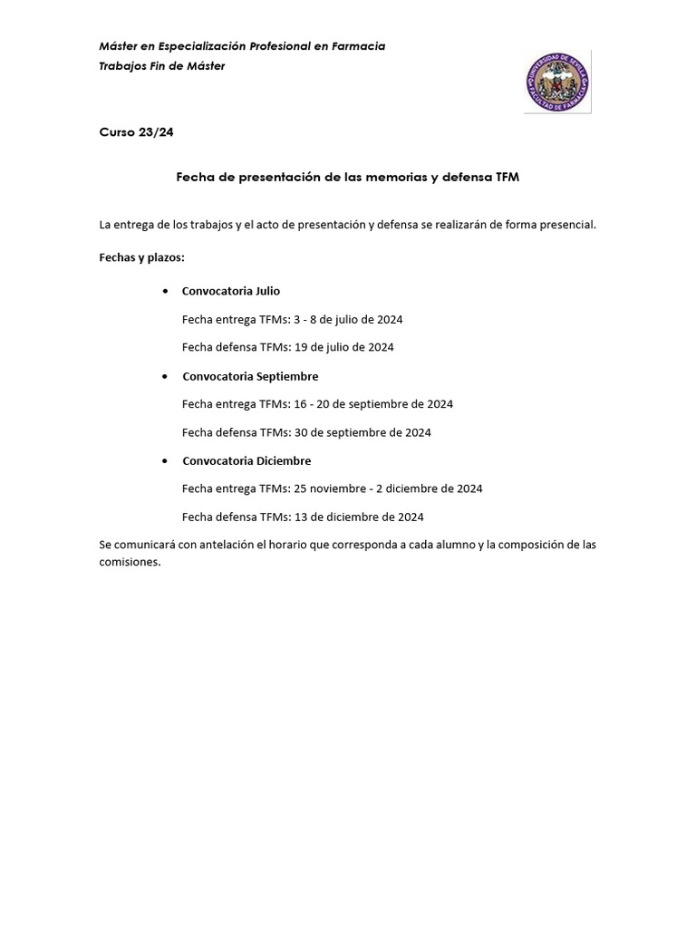 Fecha de Presentacion de Las Memorias y Defensa TFM 23-24-04012024 | PDF Fecha de Presentacion de Las Memorias y Defensa TFM 23-24-04012024 | PDF