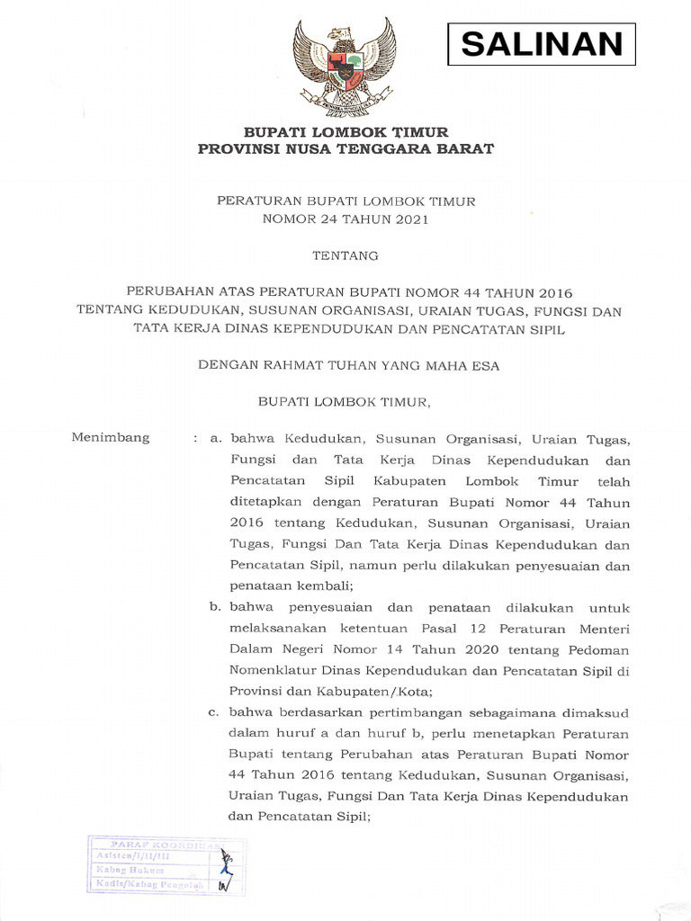 Perbup No 24 Tahun 2021 TTG Sotk Dukcapil | PDF