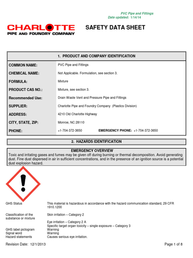 PVC Pipe and Fittings Safety Data Sheet | PDF | Personal Protective ...