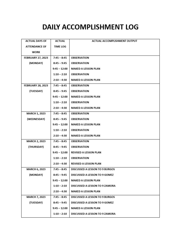 Daily Accomplishment Log | PDF