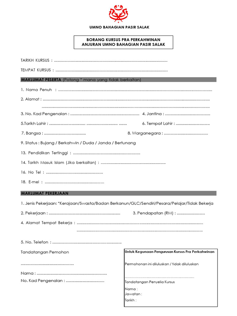 Borang Kursus Pra Perkahwinan UMNO | PDF