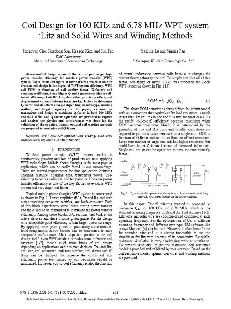 Coil Design For 100 KHZ and 6.78 MHZ WPT System Litz and Solid Wires ...