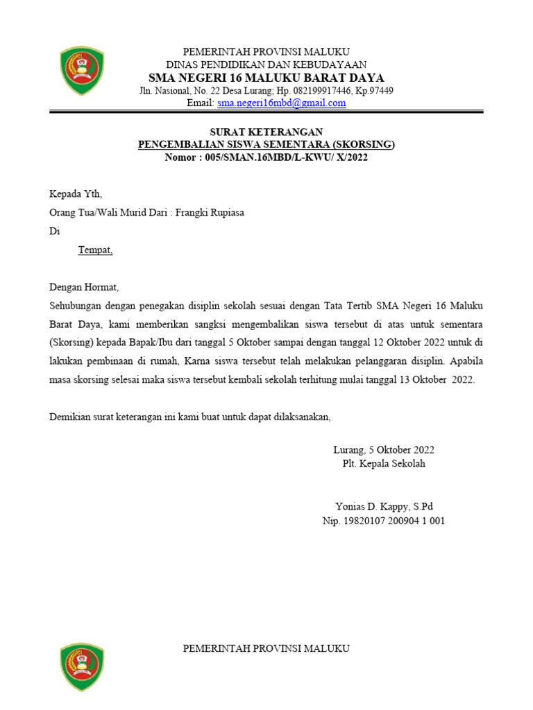 Surat Skorsing Siswa SMA Negeri 16 | PDF