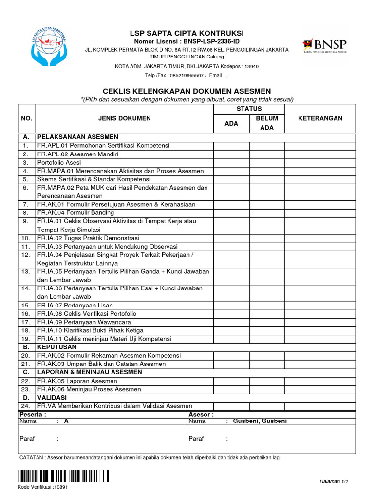 CEKLIS Dokumen-Ahli Madya Teknik Jalan-Lsp Konstruksi | PDF