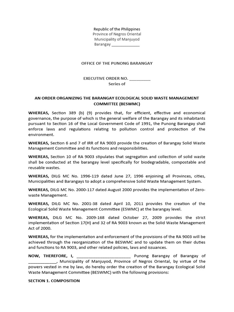 Barangay Ecological Solid Waste Management | PDF | Waste Management ...