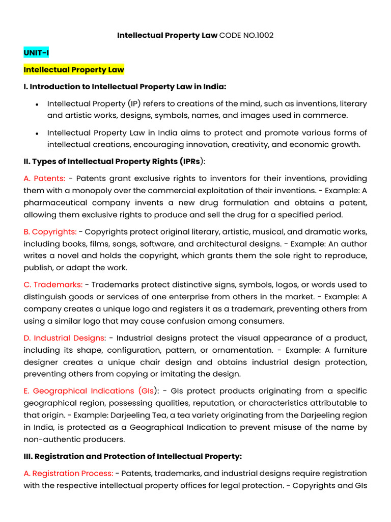 LLB 6 Semester Intellectual Property Law Complete Notes | PDF ...