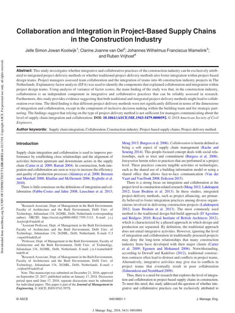 Collaboration and Integration in Project-Based Supply Chains in the Construction Industry | PDF ...