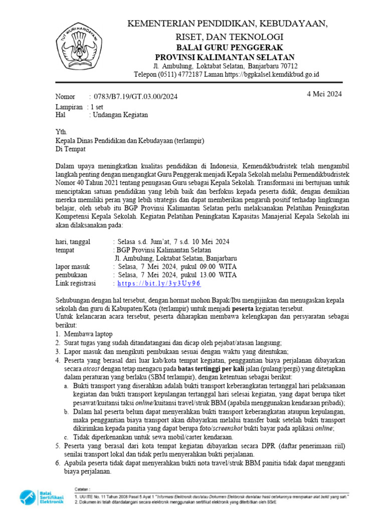 SU Pelatihan Kepsek-Guru Kab&Kota A.4 BGP Kalsel | PDF