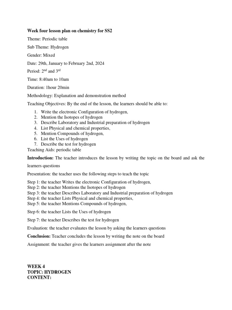 Week Four Lesson Plan On Chemistry For SS2 | PDF | Hydride | Hydrogen