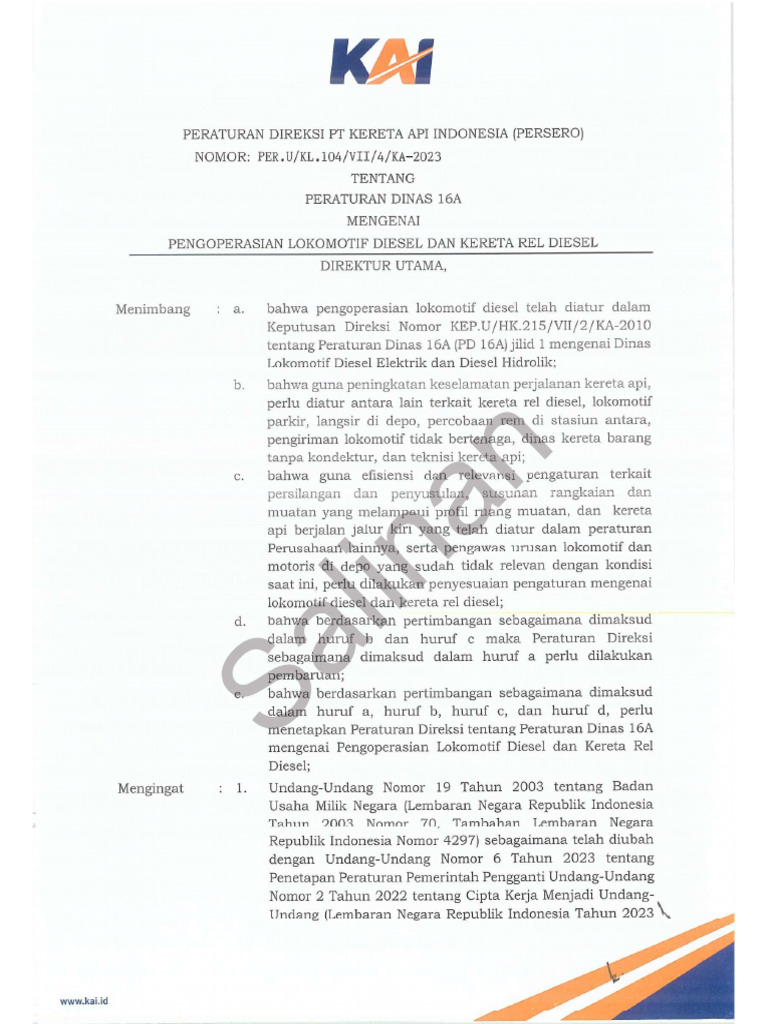 PER.u - kl.104 - VII - 4 - KA-2023 Tentang Peraturan Dinas 16A Mengenai Pengoperasian Lokomotif ...