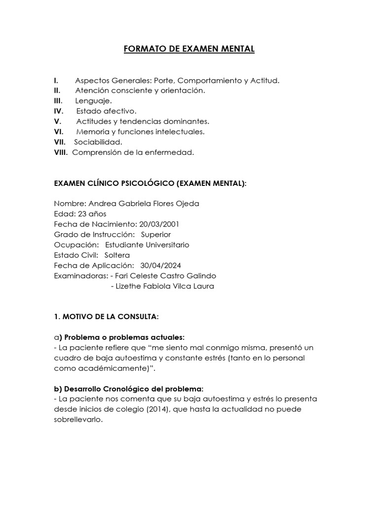 Formato de Examen Mental | PDF | Sicología | Autoestima