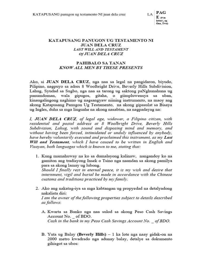 LAST WILL AND TESTAMENT - English With Visayan Template | PDF | Will ...
