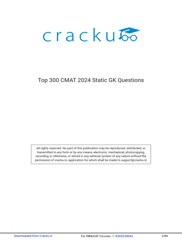 Top 300 CMAT 2024 Static GK Questions | PDF
