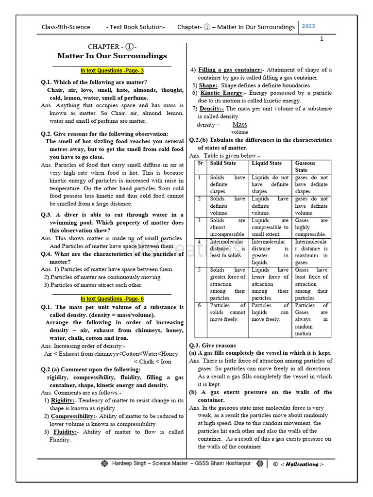 Class 9th Science Solutions NEW BOOK | PDF | Gases | Matter