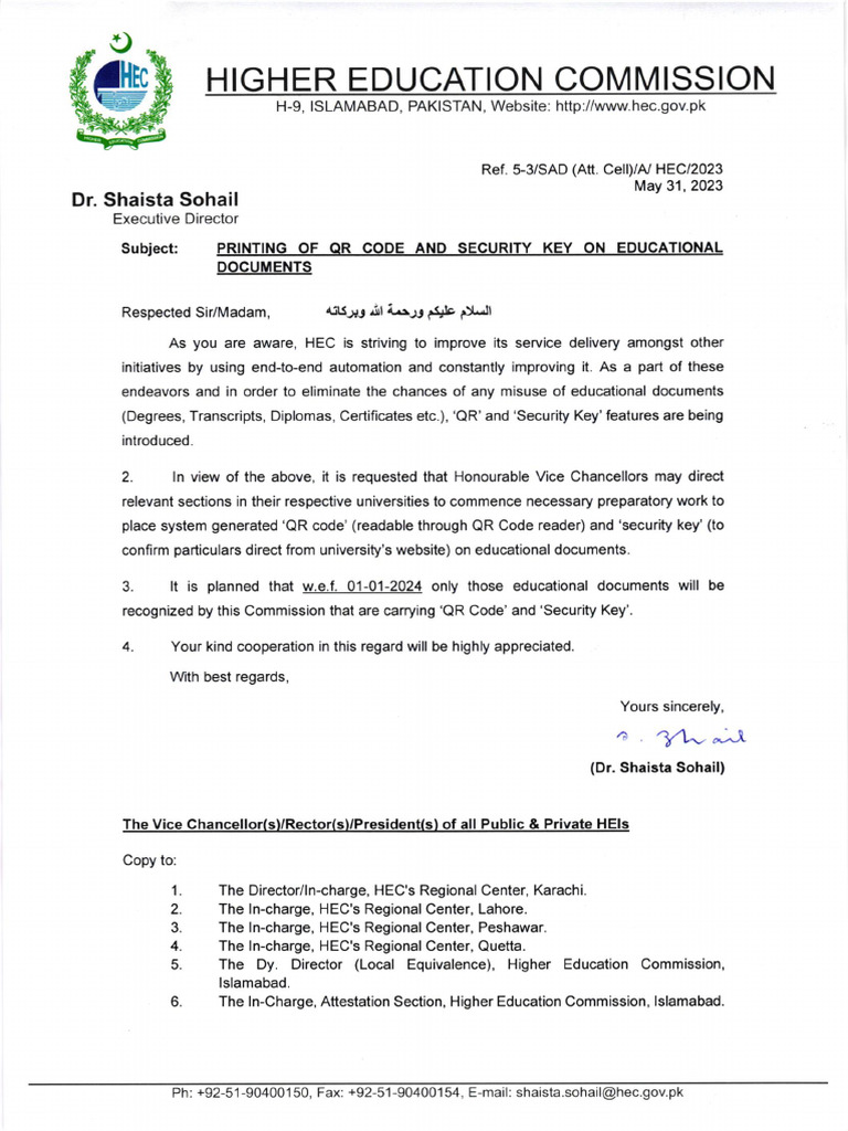 HEC Letter - Printing of QR Code & Security Key On Educational ...