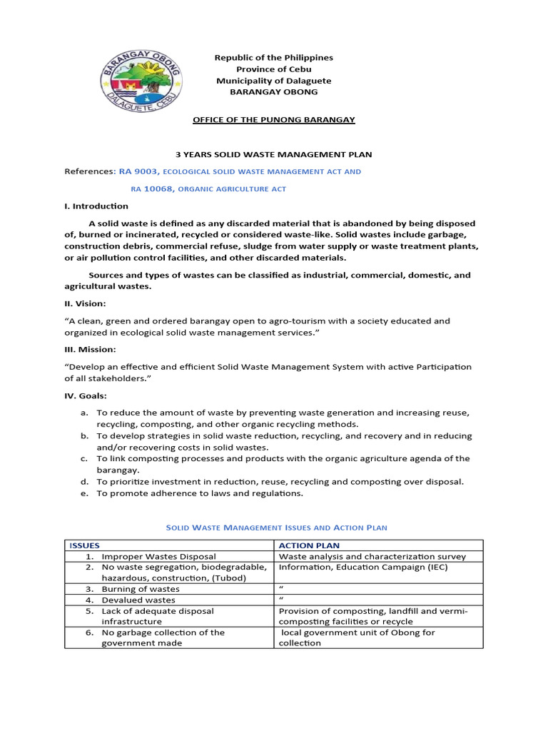 Aster Solid Wastes Management Plan | PDF | Municipal Solid Waste ...