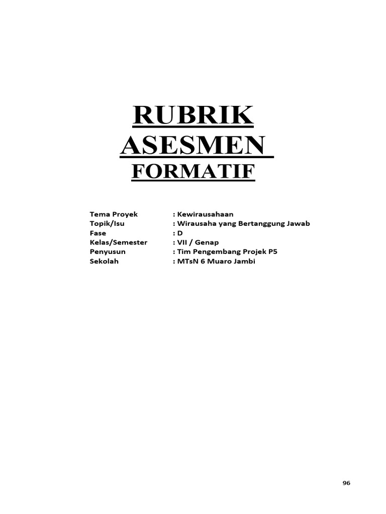 Projek P5 - Lampiran Rubrik Asesmen Formatif Kewirausahaan | PDF