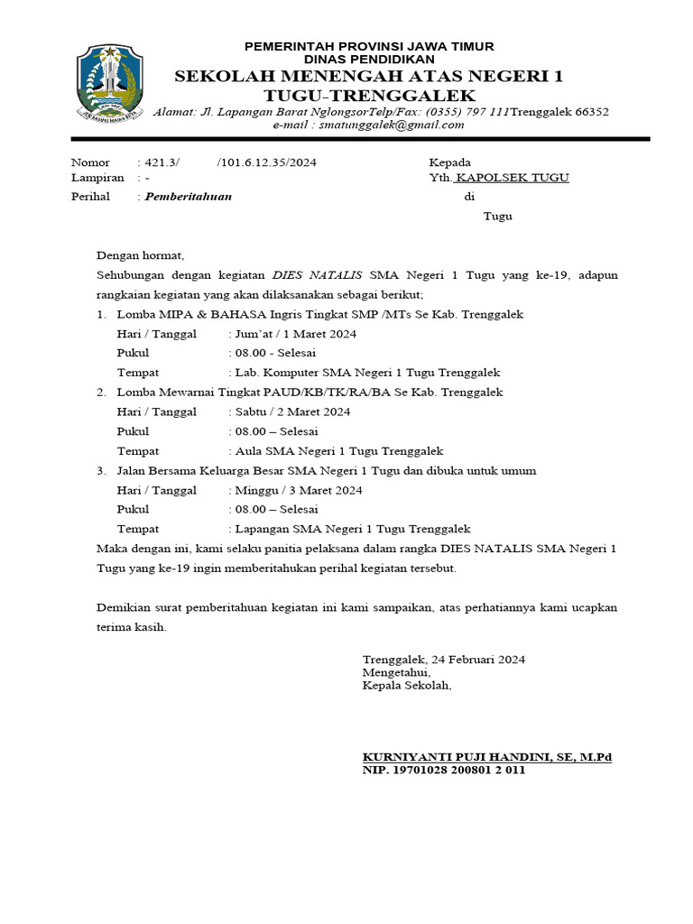 SURAT PEMBERITAHUAN KAPOLSEK | PDF