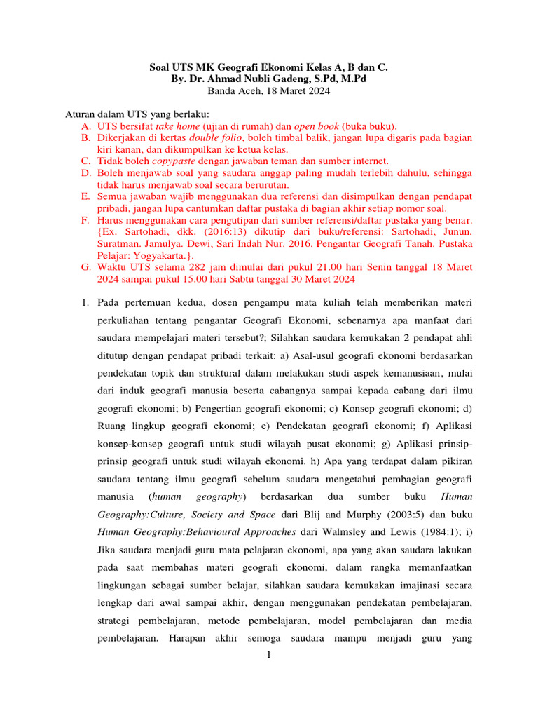 Soal UTS Geo. Eko Kelas A, B, C 2024 | PDF