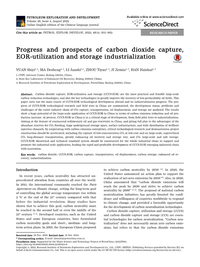 Progress and Prospects of Carbon Dioxide Capture, EOR-utilization and Storage Industrialization ...