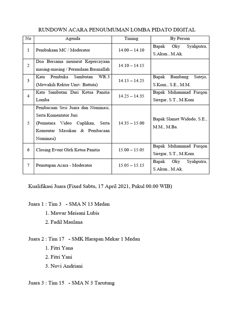 Rundown Acara Pengumuman Lomba | PDF