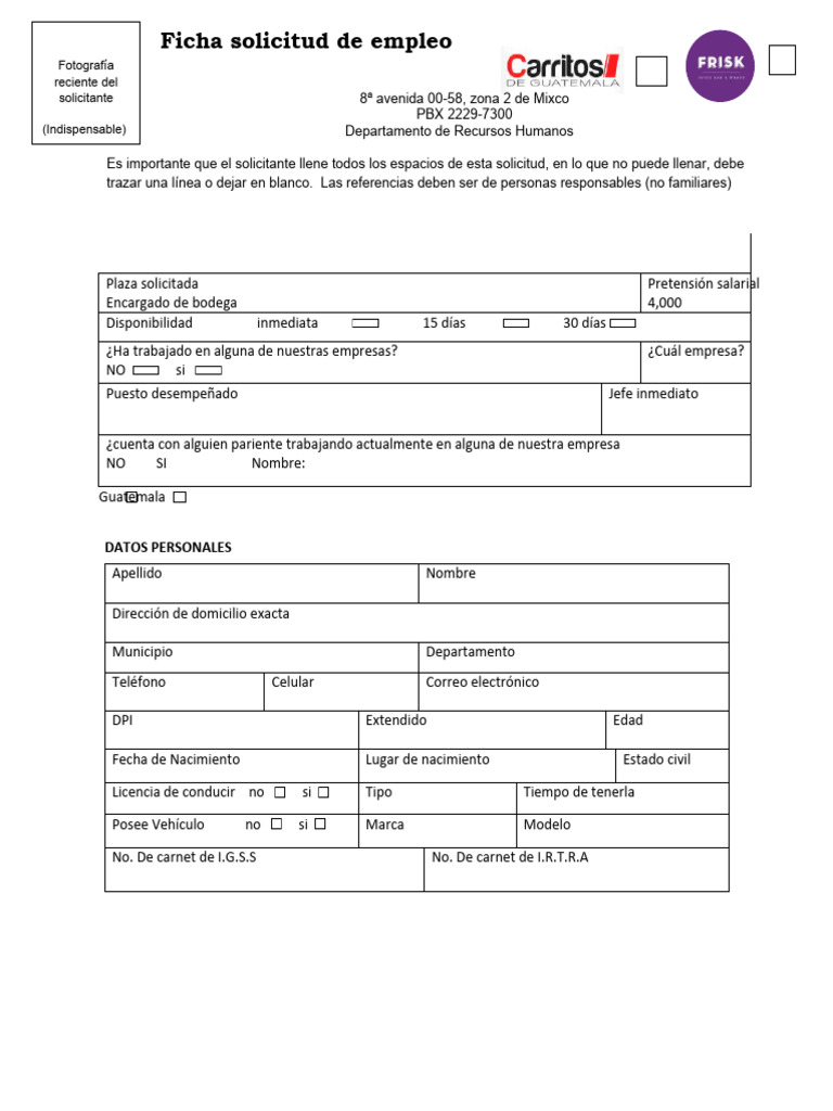 Ficha de Solicitud de Empleo 2019 | Descargar gratis PDF | Economias