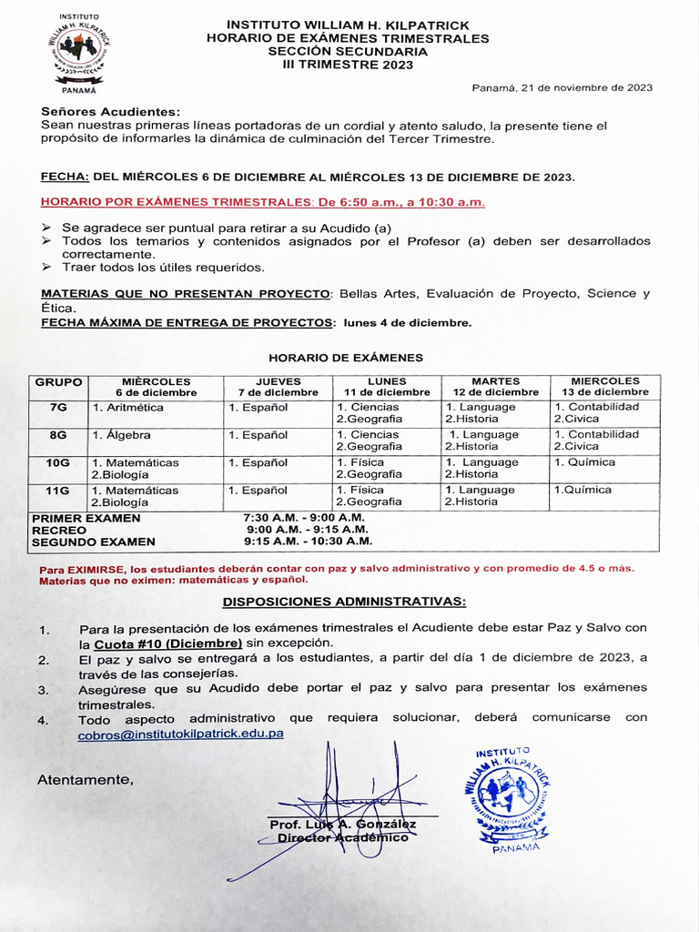 Horario de Exámenes III Trimestre 2023 - Secundaria | PDF