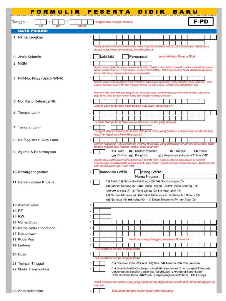 Contoh Formulir Peserta Didik Baru | PDF