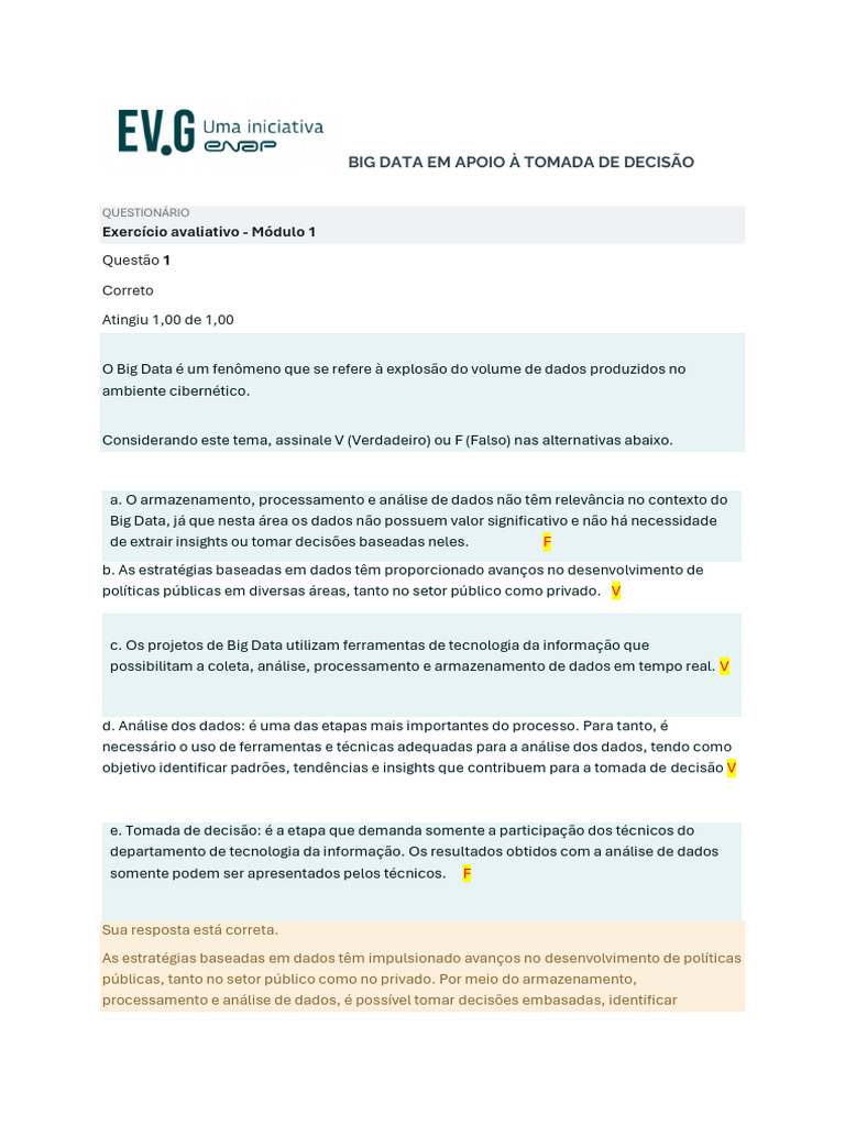 Big Data Em Apoio à Tomada de Decisão Exercício Avaliativo - Módulo 1 | PDF | Big Data | Dados