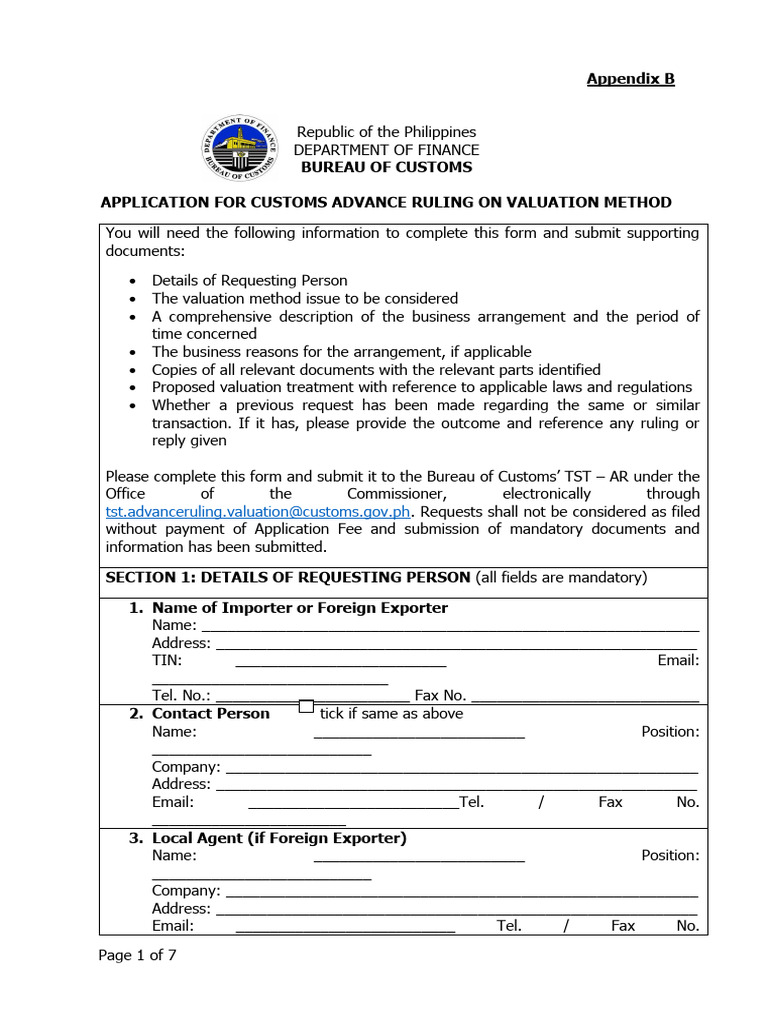 Appendix B. Application For Customs Advance Ruling On Valuation Method ...