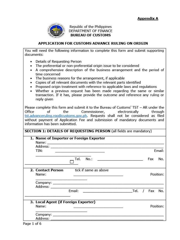 Appendix A. Application For Customs Advance Ruling On Origin | Download ...