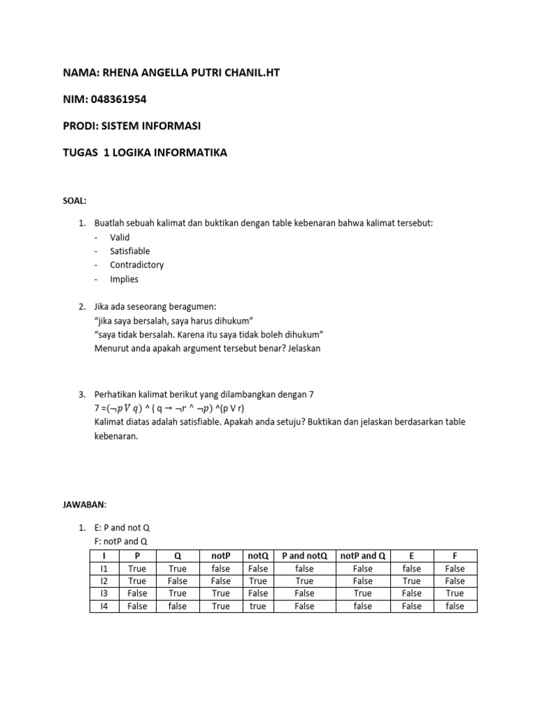 Tugas 1 Logika Informatika | PDF