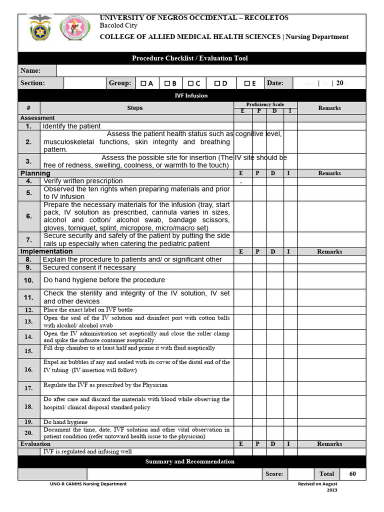 IVF Infusion Eval Tool | PDF | Intravenous Therapy | Nursing