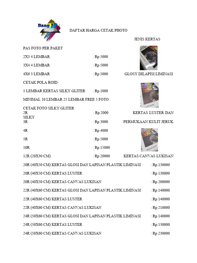 Daftar Harga Cetak Photo | PDF | Griya & Taman | Seni
