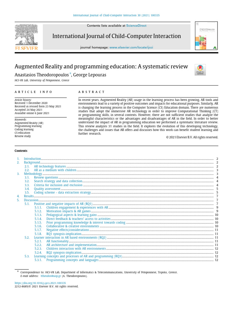 Theodoropoulos 2021 | PDF | Augmented Reality | Learning