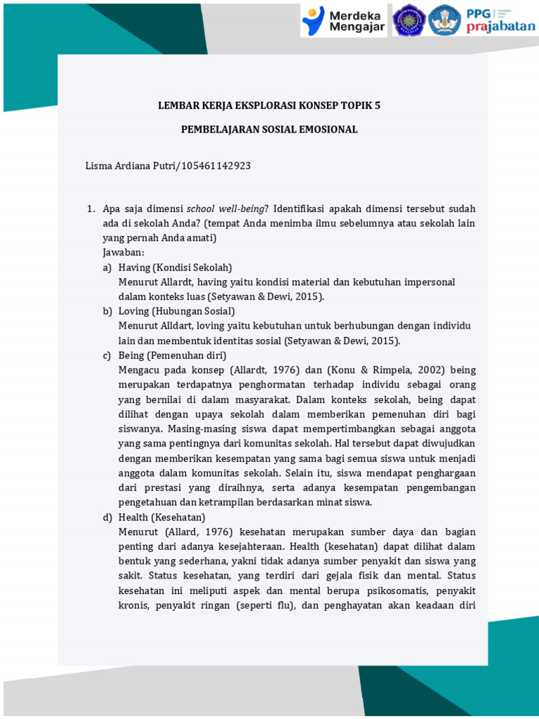Topik 5 Lembar Kerja Eksplorasi Konsep Pembelajaran Sosial Emosional | PDF