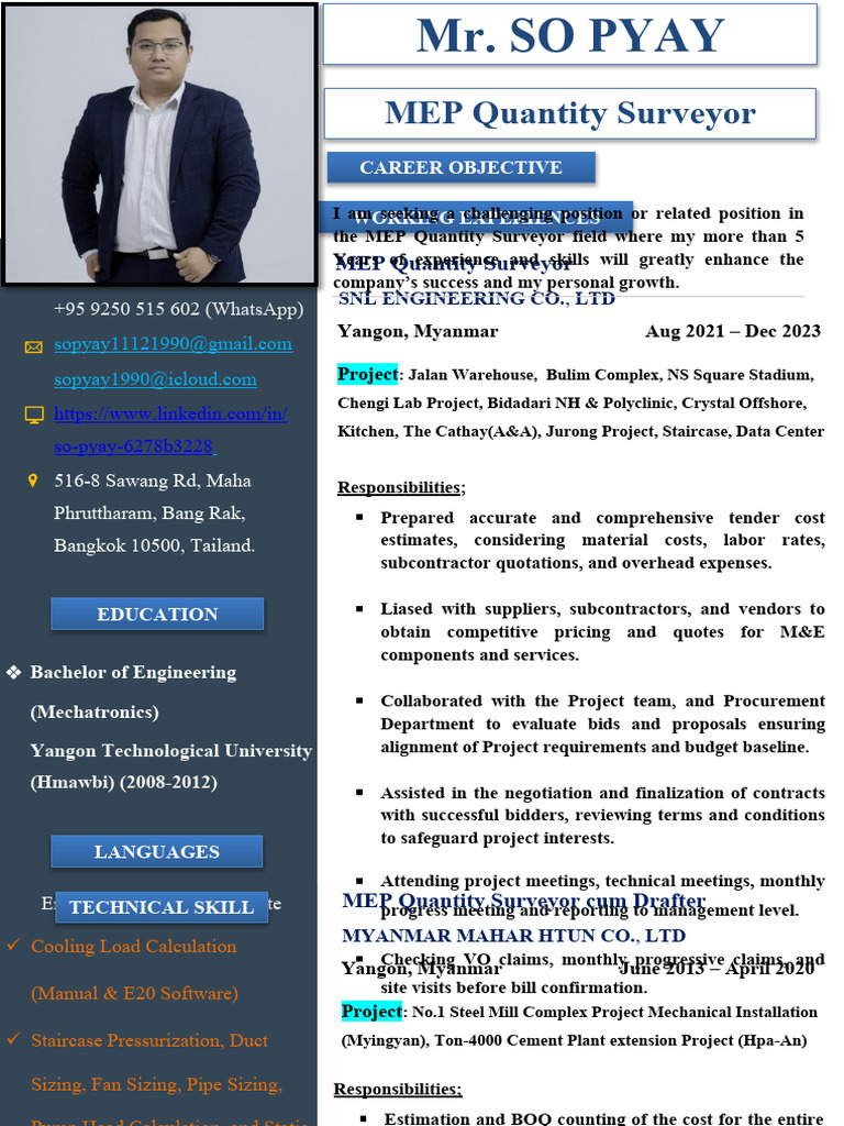 So Pyay Mep QS Resume | PDF | Engineering