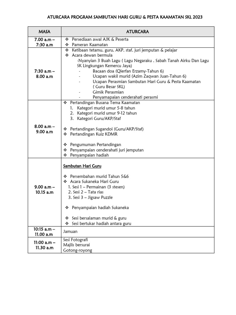 Aturcara Program Sambutan Hari Guru & Pesta Kaamatan SKL 2023 | PDF