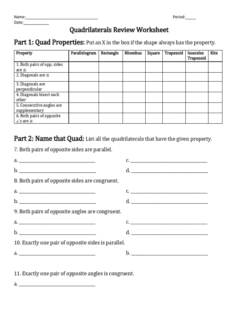 Quadrilaterals Review Worksheet | PDF | Rectangle | Geometric Shapes