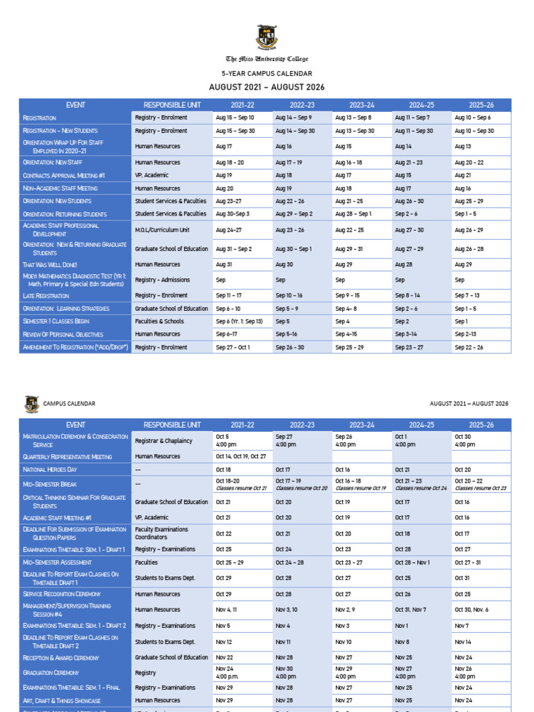 The Mico Academic Calendar 2021-2026 | PDF | Academic Term | Schools