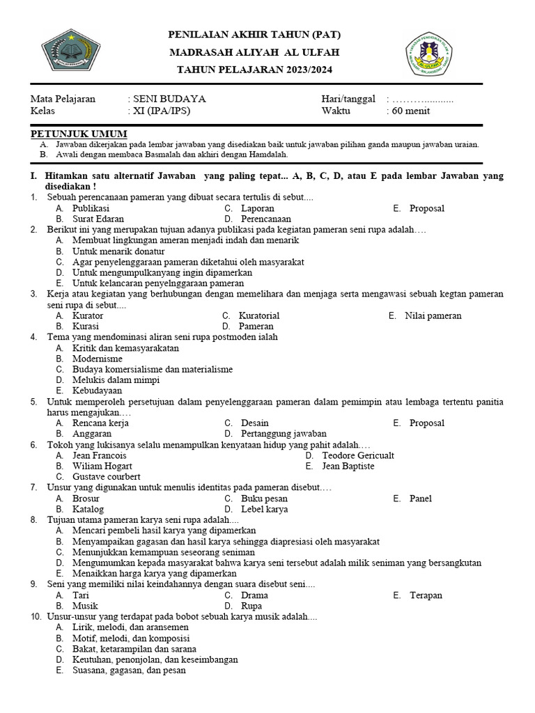Soal PAT Kelas XI - Seni Budaya | PDF