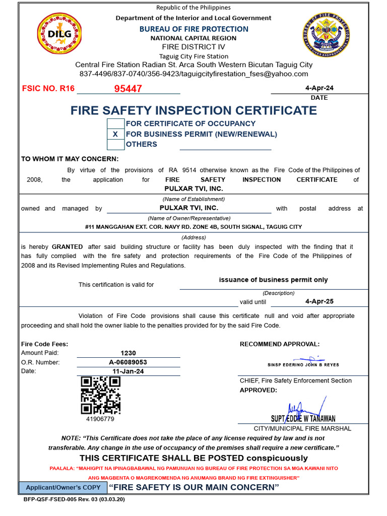 Fire Safety Inspection Certificate Taguig | PDF | Fire Safety | Justice