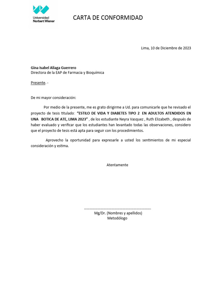 Carta de Conformidad (Formato) | PDF | Salud y bienestar