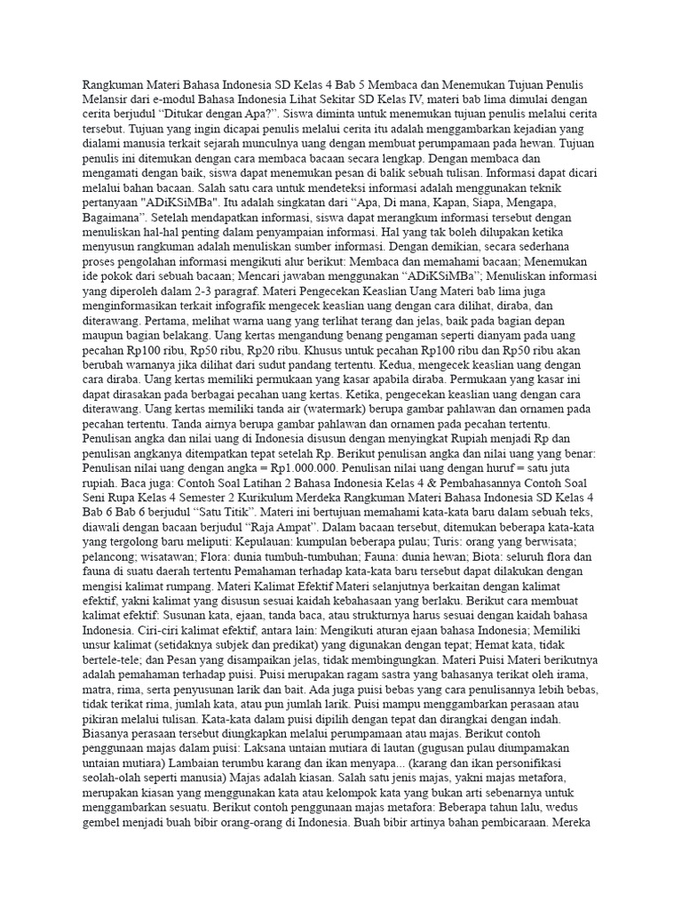 Rangkuman Materi Bahasa Indonesia SD Kelas 4 Bab 5 Membaca Dan Menemukan Tujuan Penulis Melansir ...