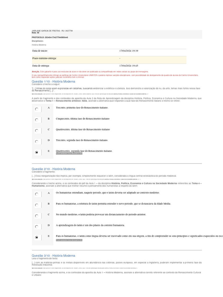 Prova de História Apol 1 | PDF | Renascimento | Idade Moderna