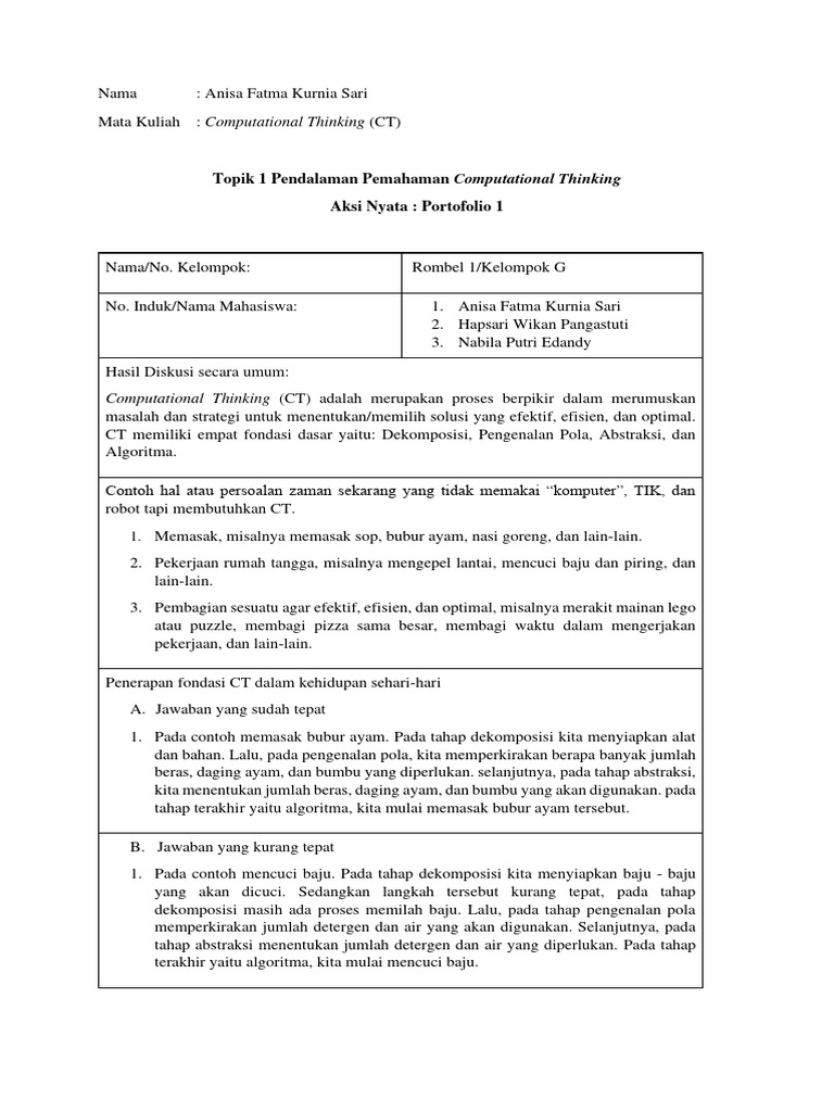 Portofolio Topik 1 Computational Thinking T Pdf